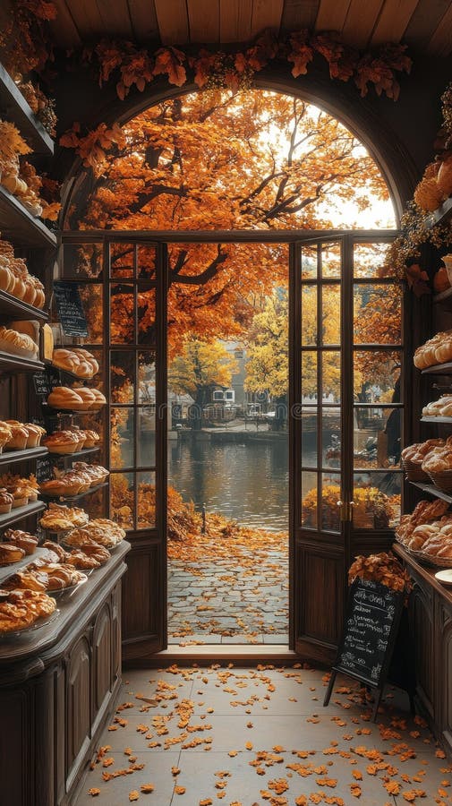 Autumn Bakery Interior with View of Water and Trees Illustration Stock ...