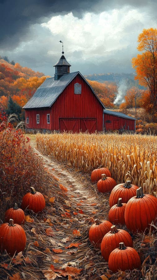 Autumn Barn and Pumpkins Illustration Stock Illustration - Illustration ...