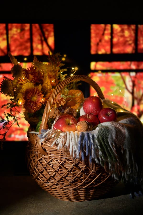 Autumn Basket at Window and Red Trees in Background Stock Image - Image ...