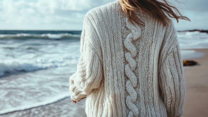 Autumn Beach Scene with a Model in a Cable-knit Sweater, Wind Blowing ...