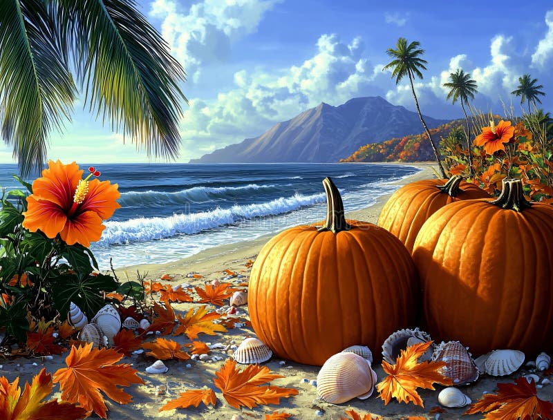 Autumn Beach Scene with Pumpkins and Hibiscus High Quality Image Stock Illustration ...