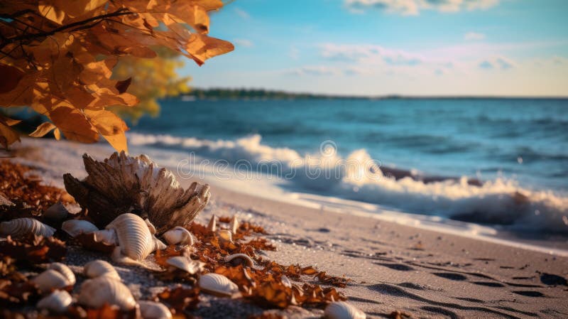 Autumn Beach Splendor: Backlit Photography with Shells and Leaves Stock ...
