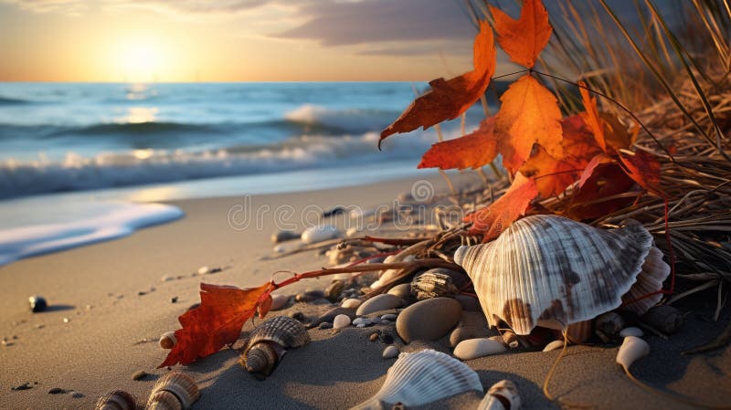 Autumn Beach Splendor: Realistic Ocean Scene with Leaves and Seashells ...