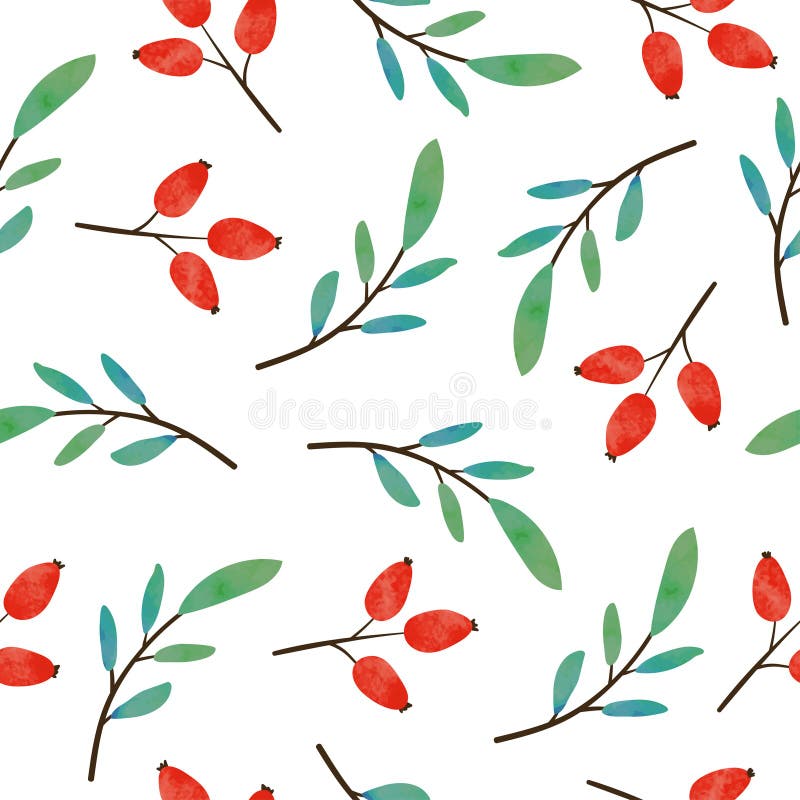 Autumn Berry Pattern with Branches and Leaves. Vector Seamless Fall ...