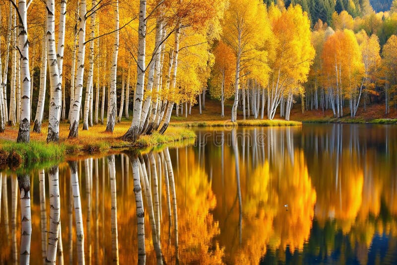 Autumn Birch Trees Reflected in Calm Lake Stock Illustration ...