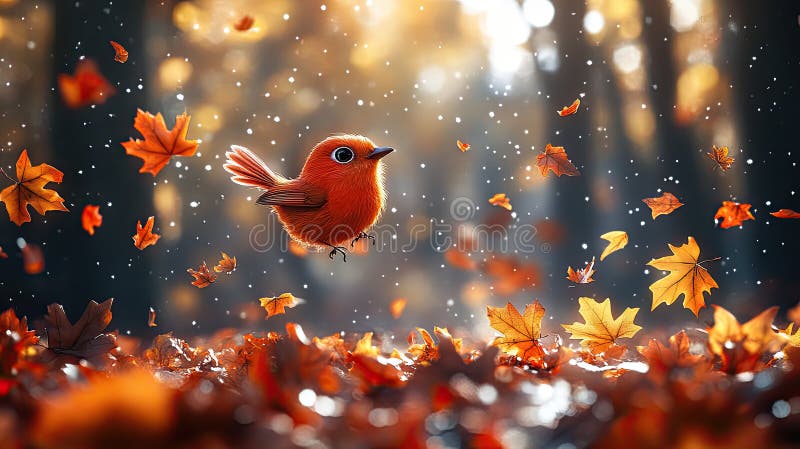 Autumn Bird Flying Amidst Falling Leaves Stock Illustration ...