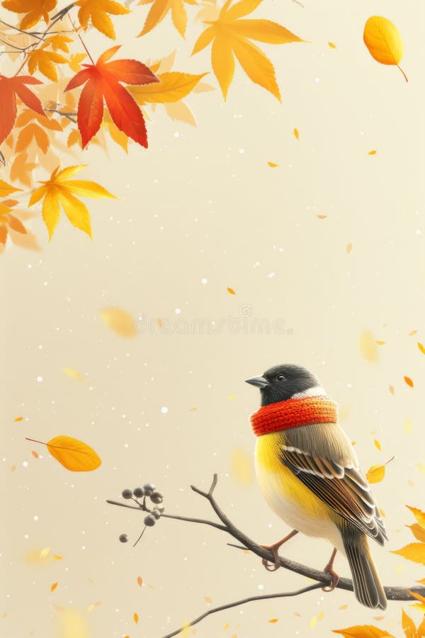 Autumn Bird with Scarf on a Branch Amid Falling Leaves Stock Photo ...
