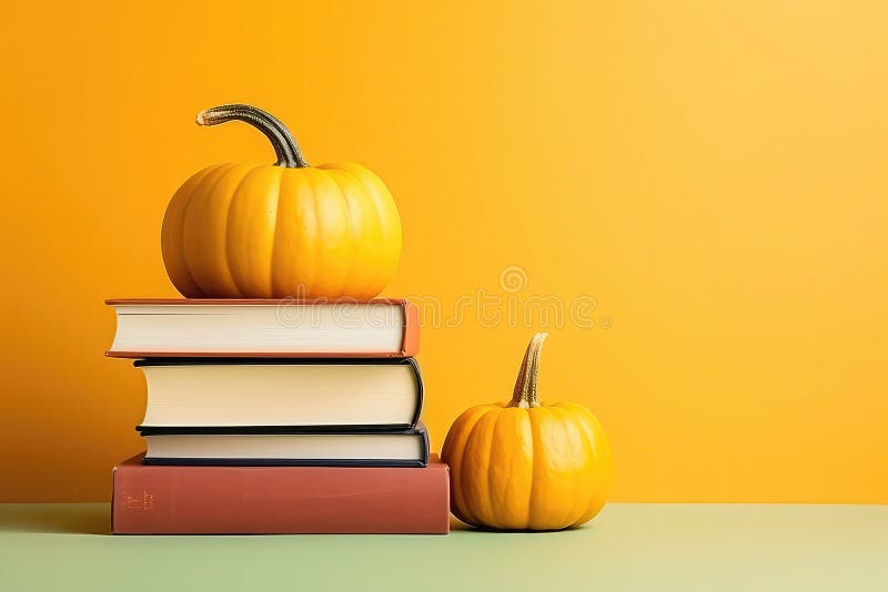 Autumn Books and Pumpkins on Bright Yellow Background, Symbolizing ...
