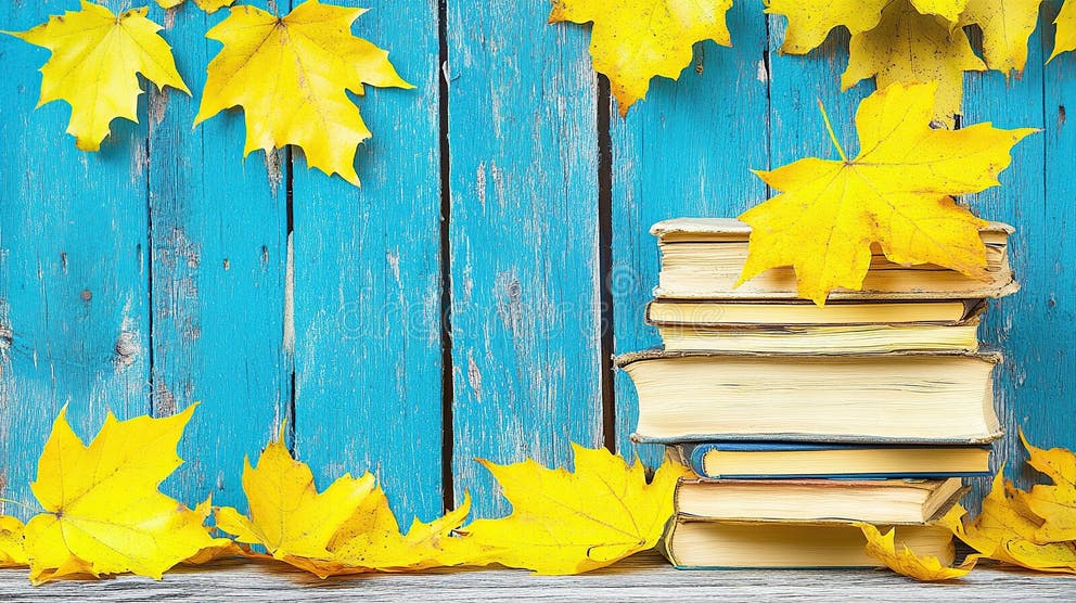 Autumn Books Stack, Wood Background, Fall Leaves, Education Stock Photo ...