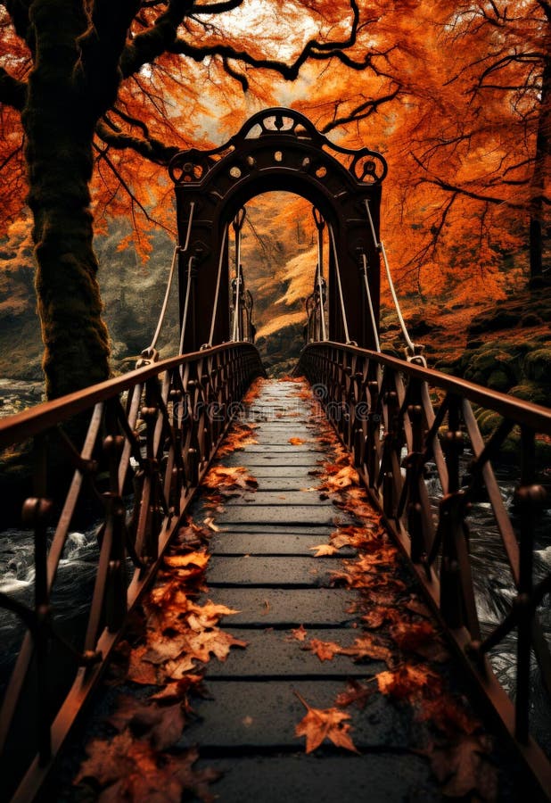 Autumn Bridge Pathway: Serene Forest with Vibrant Fall Foliage and ...