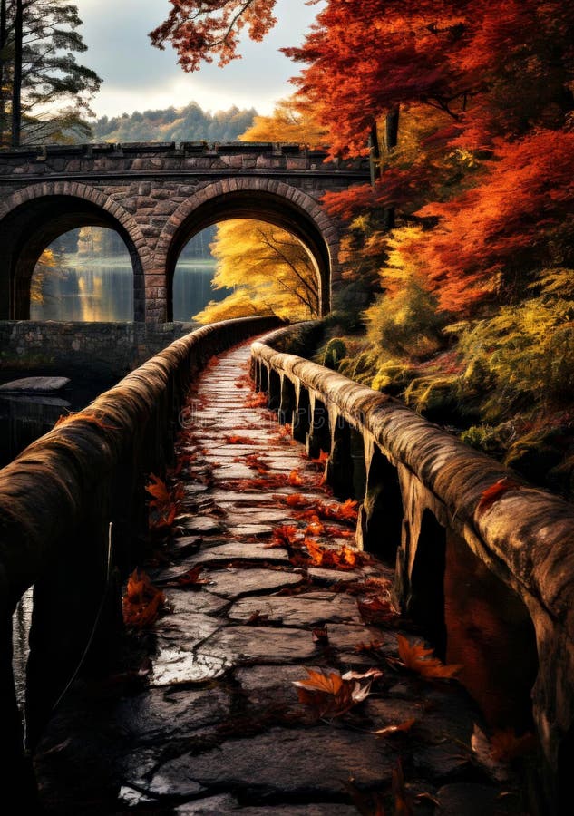 Autumn Bridge Pathway with Vibrant Foliage and Historic Stone Arch ...