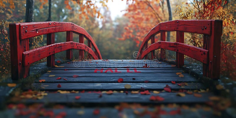 Autumn Bridge Serene Pathway through Vibrant Fall Foliage Stock ...