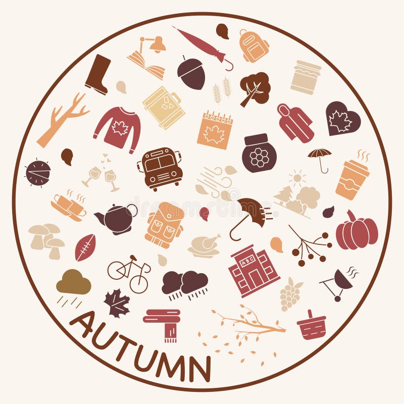 Autumn Bright Icons. Set of Autumn Color Icons. Autumn Time. Set of ...