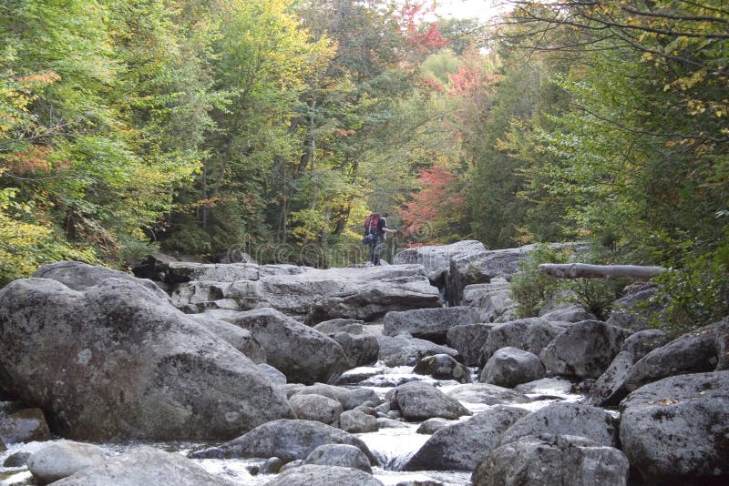 Autumn Brook Hiker Crossing Stock Photo - Image of hiking, trees: 1293716