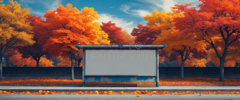 Autumn Bus Stop with Blank Billboard and Colorful Leaves. Stock Photo ...