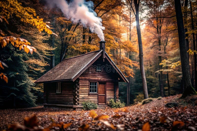 Autumn Cabin, Smoke Rising, Forest, Peaceful Stock Illustration ...