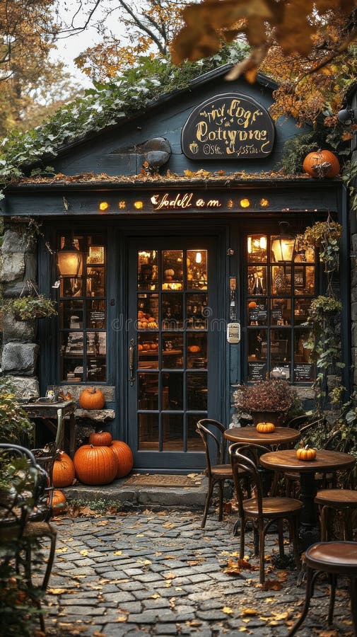 Autumn Cafe with Cobblestone Patio and Pumpkin Decorations ...