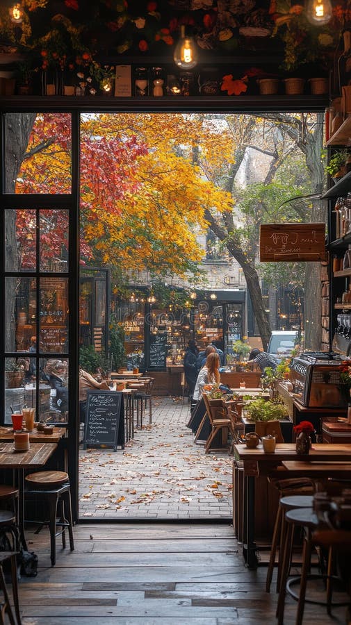 Autumn Cafe Interior with Fall Foliage View Realistic Photo Stock ...
