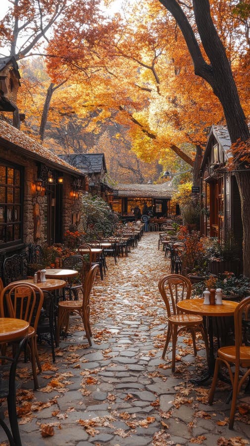 Autumn Cafe Patio Scene - Realistic Photo Stock Illustration ...