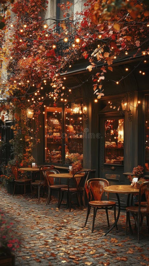 Autumn Cafe with String Lights - Realistic Image Stock Illustration ...