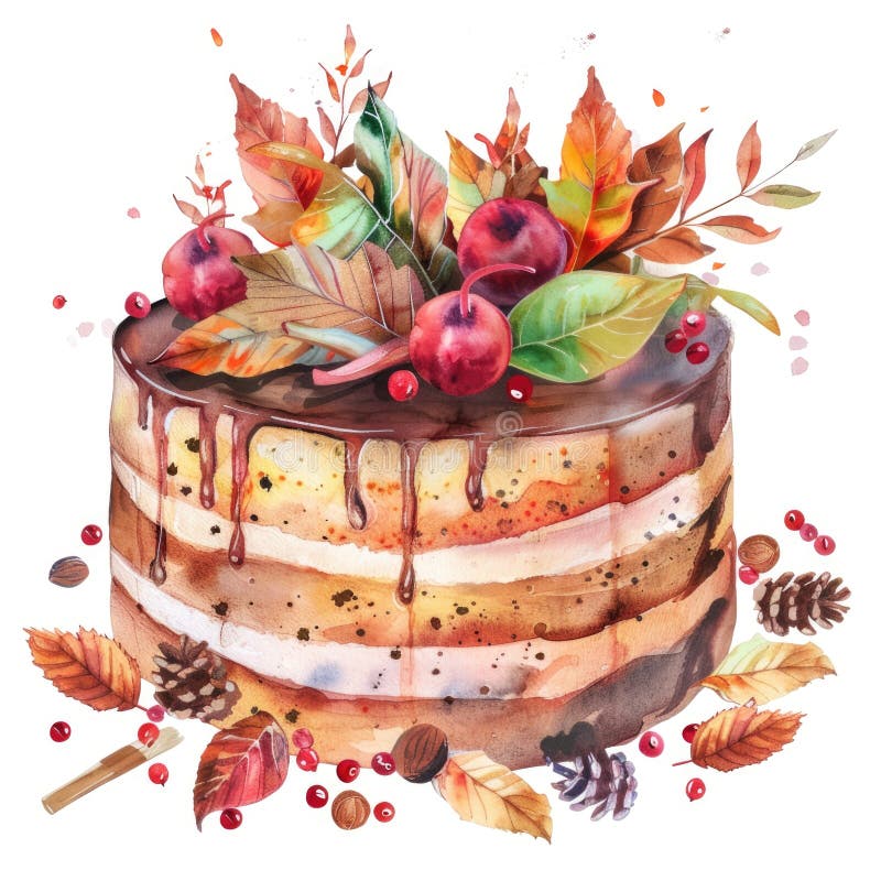 Autumn Cake with Berries, Leaves, and Drizzled Caramel Stock Image ...