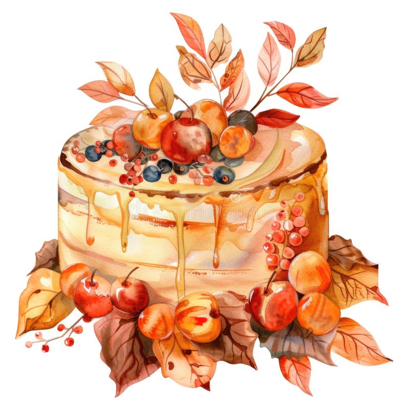 Autumn Cake with Berries, Leaves, and Drizzled Caramel Stock Image ...
