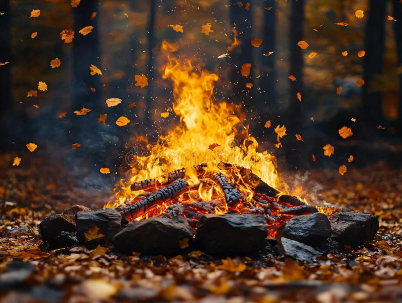 Autumn Campfire with Falling Leaves in Forest. Stock Illustration ...