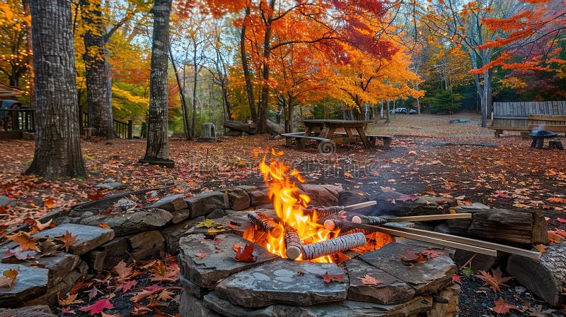 Autumn Campfire Gathering in a Colorful Forest Surrounded by Falling Leaves Stock Illustration ...