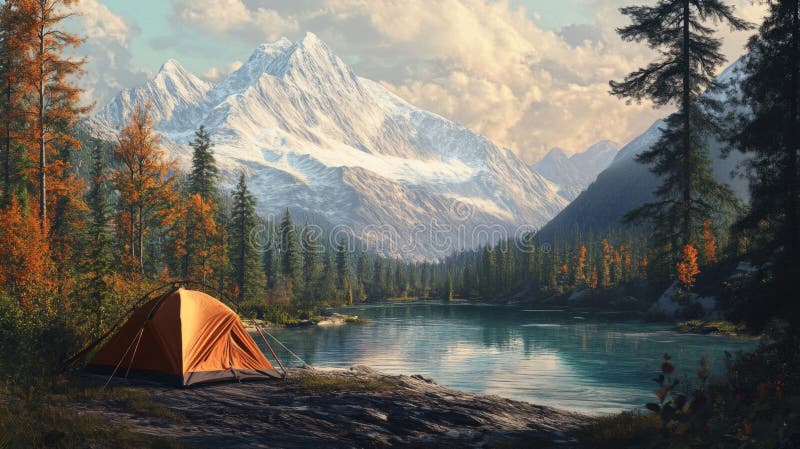 Autumn Camping by a Mountain Lake Stock Illustration - Illustration of ...