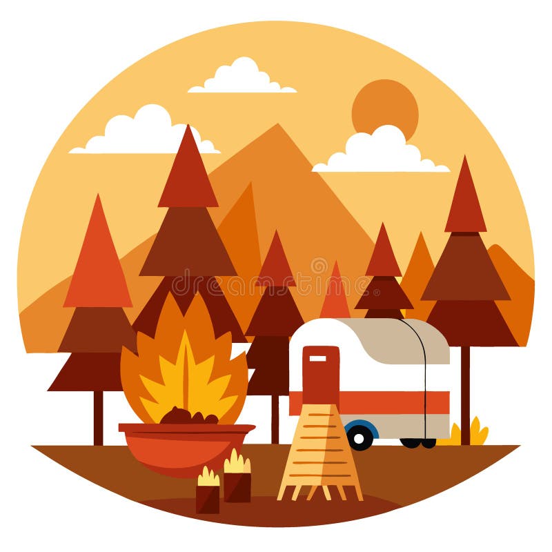 Autumn Camping Scene with BBQ Grill and RVs in a Scenic Forest Setting ...