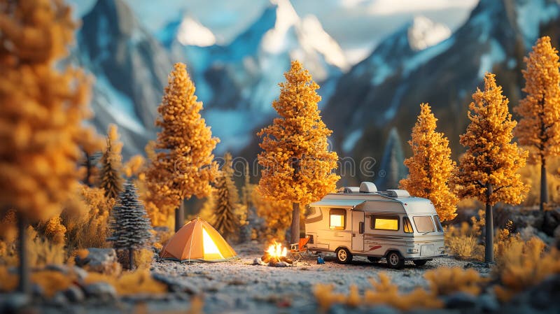 Autumn Camping Scene with Caravan and Tent in Mountain Landscape Stock ...