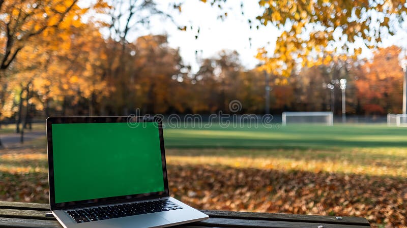 Autumn Campus Study: Laptop with Green Screen Overlooking Soccer Field ...