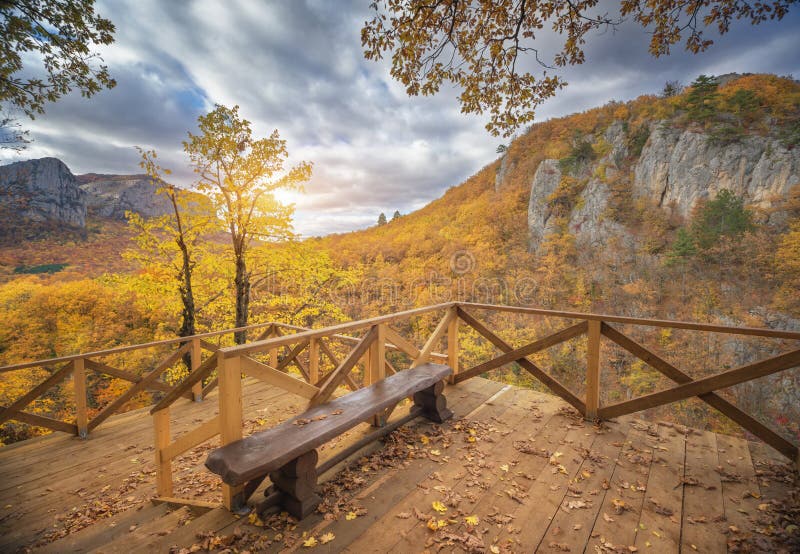 Autumn Canyon and Banch on Cliff Stock Image - Image of morning, season ...