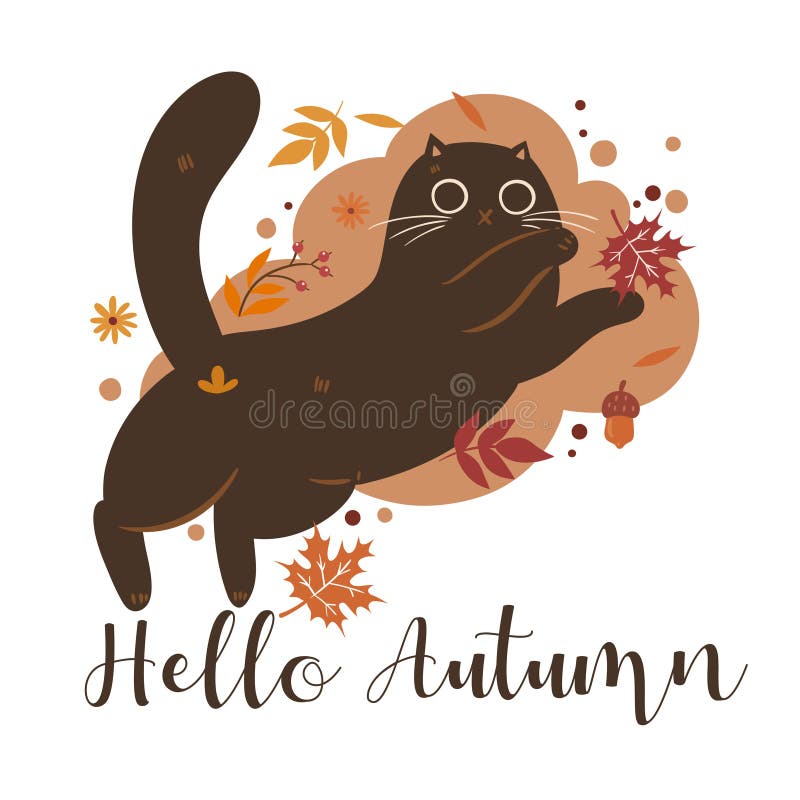 Autumn Cat Illustration and the Inscription Hello Autumn. Vector ...