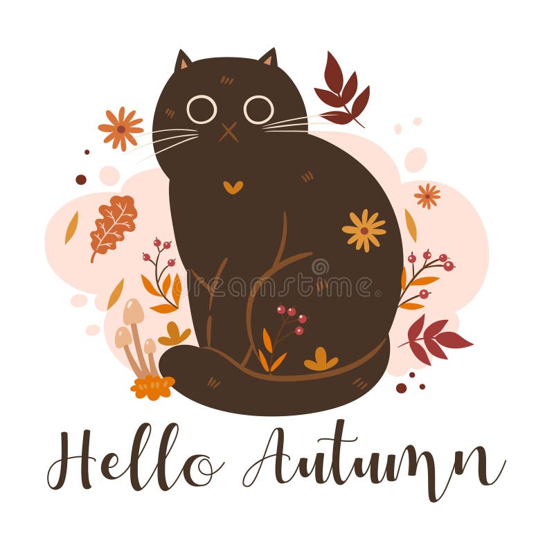Autumn Cat Illustration and the Inscription Hello Autumn. Vector ...
