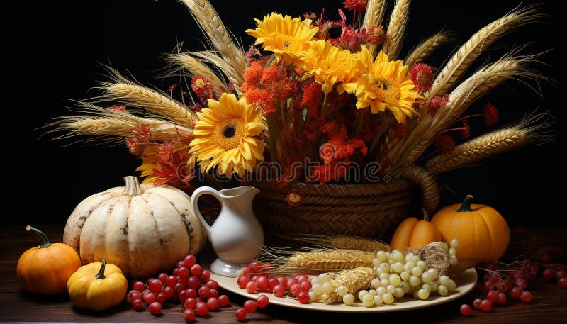 Autumn Celebration Pumpkin, Sunflower, Cornucopia, Apple, Chrysanthemum ...