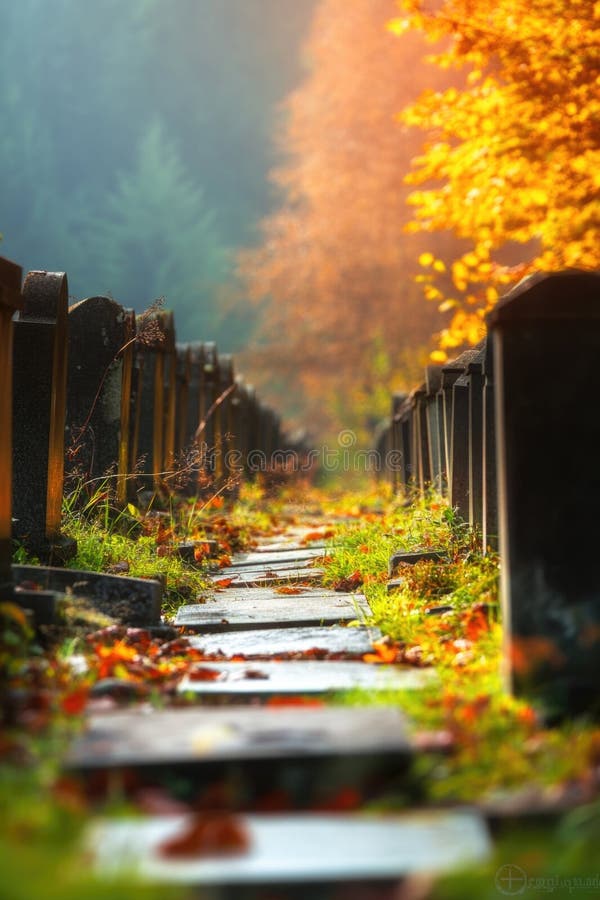 Autumn Cemetery Pathway with Fallen Leaves and Tombstones Stock Image ...