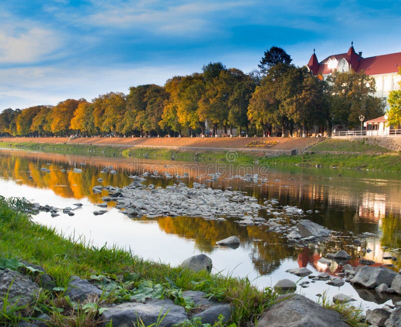 Autumn City Landscape with Reflection in the River Stock Photo - Image ...