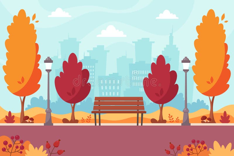 Autumn City Park with Bench. Autumn Landscape. Vector Illustration ...
