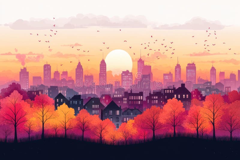 Autumn City Skyline Illustration with Sunset and Birds Stock ...