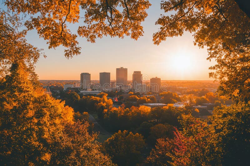 Autumn City Skyline at Sunset Framed by Vibrant Foliage Stock Photo ...