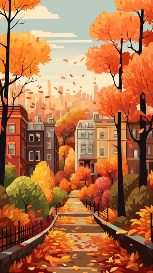 Autumn City with Trees Falling Yellow Leaves. Vector Illustration Stock ...