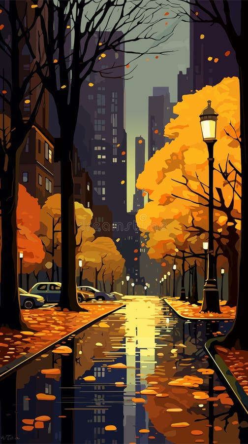 Autumn City with Trees Falling Yellow Leaves. Vector Illustration Stock ...