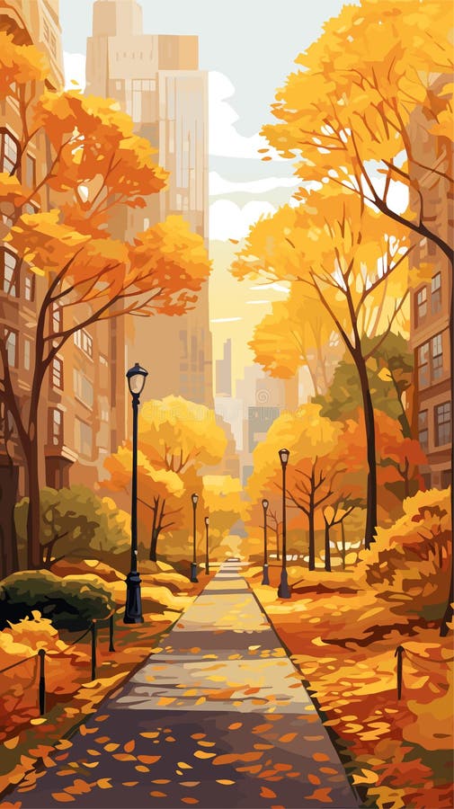 Autumn City with Trees Falling Yellow Leaves. Vector Illustration Stock ...