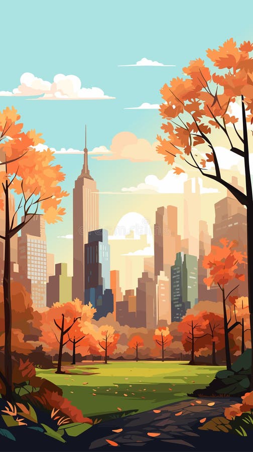 Autumn City with Trees Falling Yellow Leaves. Vector Illustration Stock ...