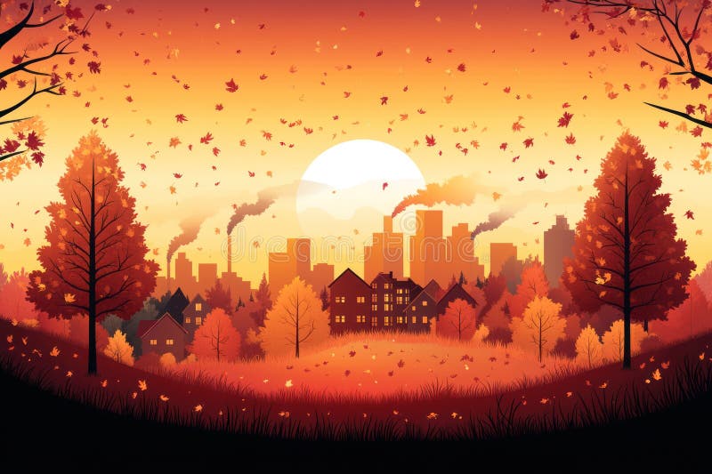 Autumn Cityscape Illustration with Falling Leaves Stock Illustration ...