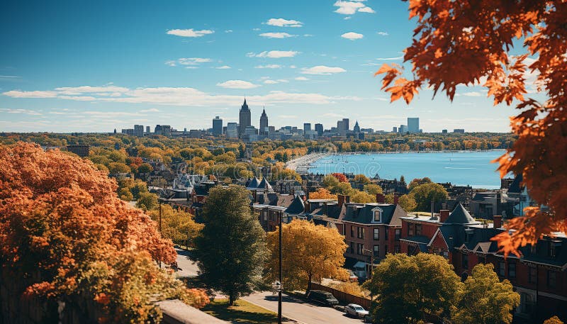 Autumn Cityscape, Leaf Filled Skyline, Vibrant Colors, Sunset Generated ...