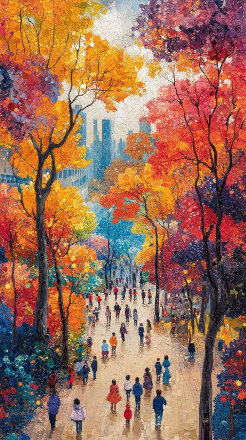 Autumn Cityscape with People Walking in a Park Illustration Stock ...