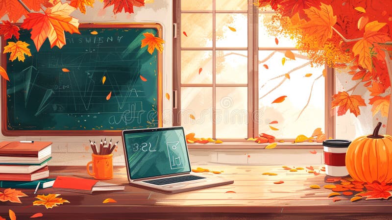 Autumn Classroom Setting with Falling Leaves and a Cozy Study ...