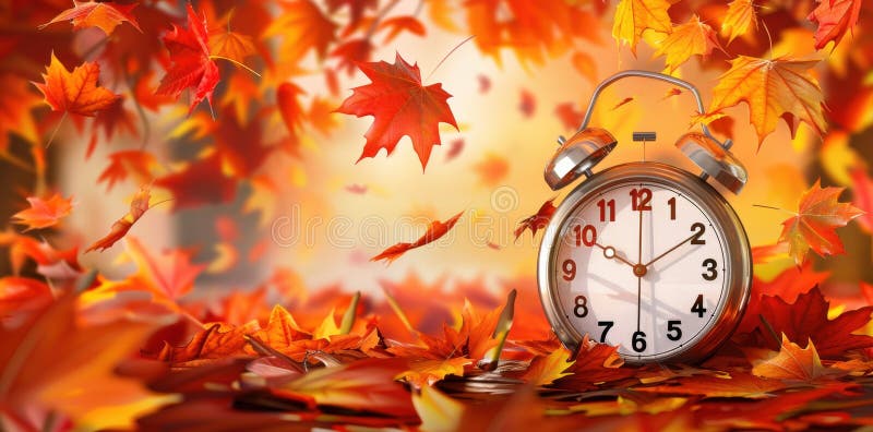 Autumn Clock with Falling Leaves Stock Illustration - Illustration of ...